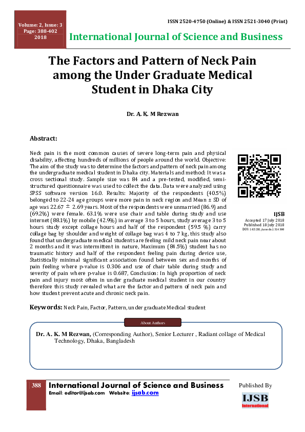 (PDF) The Factors And Pattern Of Neck Pain Among The Under Graduate ...
