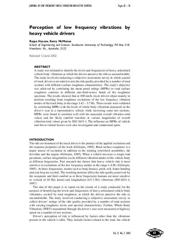 (PDF) Perception of Low Frequency Vibrations by Heavy Vehicle Drivers