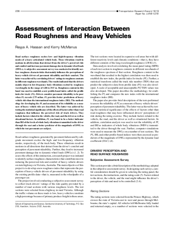 (PDF) Assessment of Interaction Between Road Roughness and Heavy Vehicles
