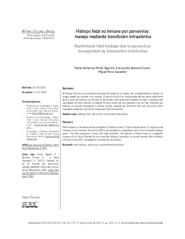 (PDF) Hidrops fetal no inmune por parvovirus: manejo mediante ...