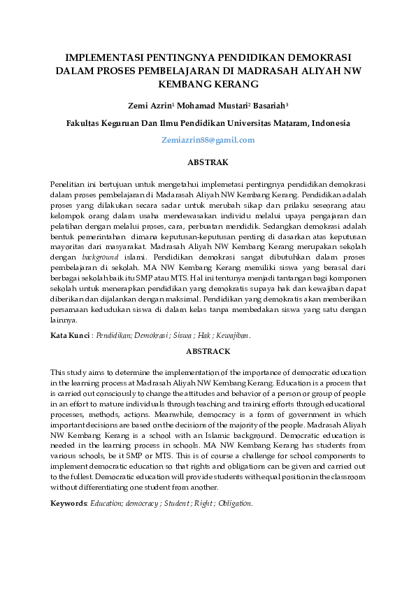 Pdf Implementasi Pentingnya Pendidikan Demokrasi Dalam Proses Pembelajaran Di Madrasah Aliyah 