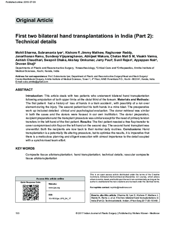 (PDF) First two bilateral hand transplantations in India (Part 4 ...