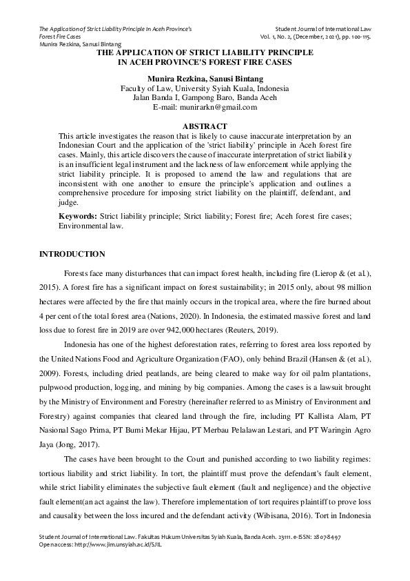 (PDF) The Application of Strict Liability Principle in Aceh Province's ...