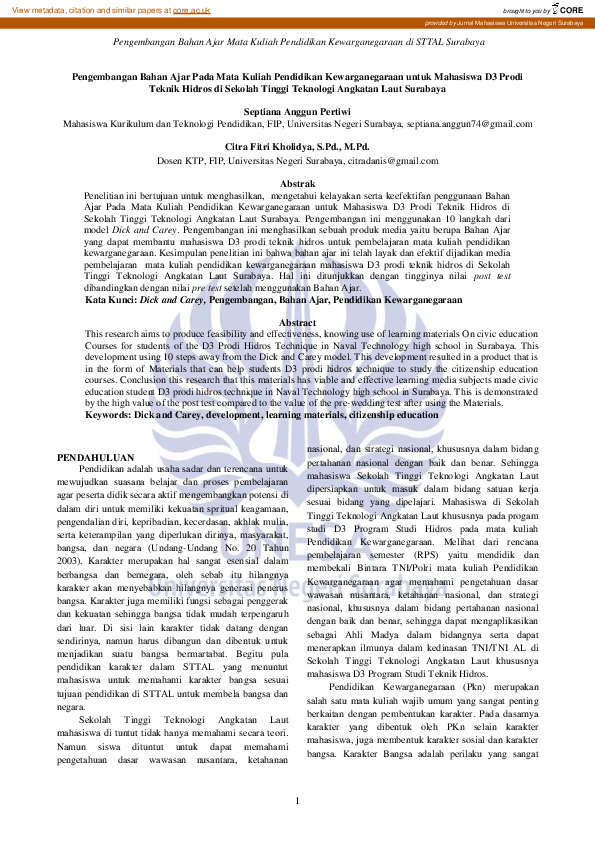 (PDF) Pengembangan Bahan Ajar Pada Mata Kuliah Pendidikan Kewarganegaraan untuk Mahasiswa D3 ...
