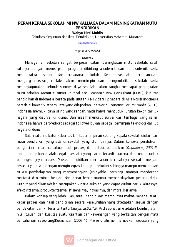 (PDF) PERAN KEPALA SEKOLAH MI NW KALIJAGA DALAM MENINGKATKAN MUTU PENDIDIKAN