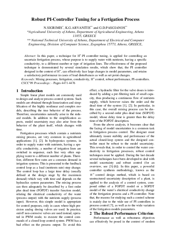 Pdf Robust Pi Controller Tuning For A Fertigation Process N Sigrimis 4838