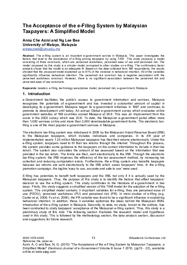 Pdf The Acceptance Of The E Filing System By Malaysian Taxpayers A