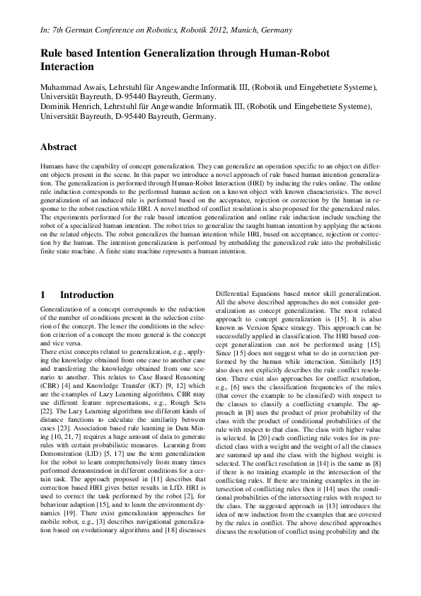 (PDF) Rule based Intention Generalization through Human-Robot Interaction
