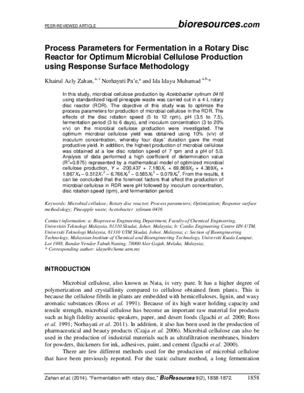 (PDF) Process Parameters for Fermentation in a Rotary Disc Reactor for Optimum Microbial ...
