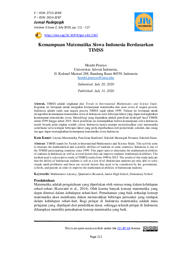 (PDF) Kemampuan Matematika Siswa Indonesia Berdasarkan TIMSS