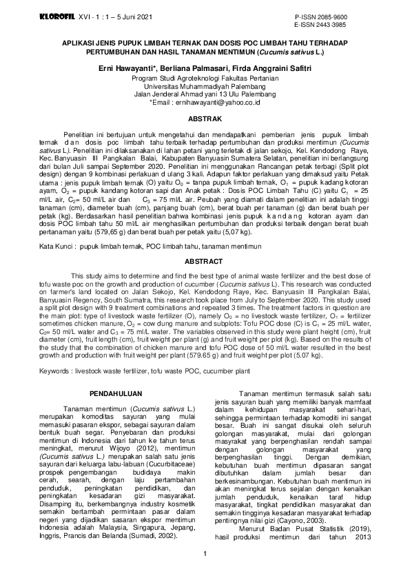 (PDF) APLIKASI JENIS PUPUK LIMBAH TERNAK DAN DOSIS POC LIMBAH TAHU TERHADAP PERTUMBUHAN DAN ...