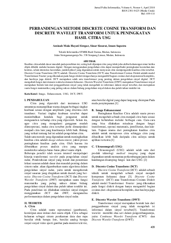 (PDF) Perbandingan Metode Discrete Cosine Transform Dan Discrete Wavelet Transform Untuk ...