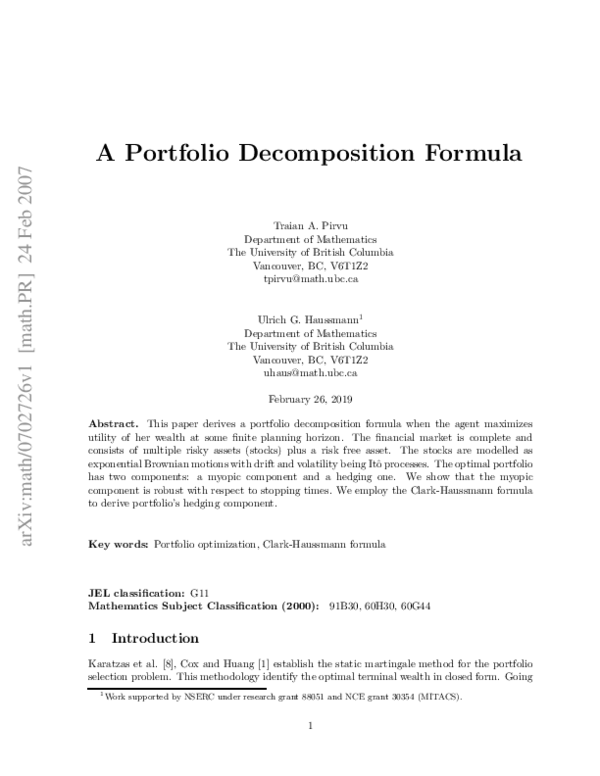 (PDF) 2 4 Fe b 20 07 A Portfolio Decomposition Formula