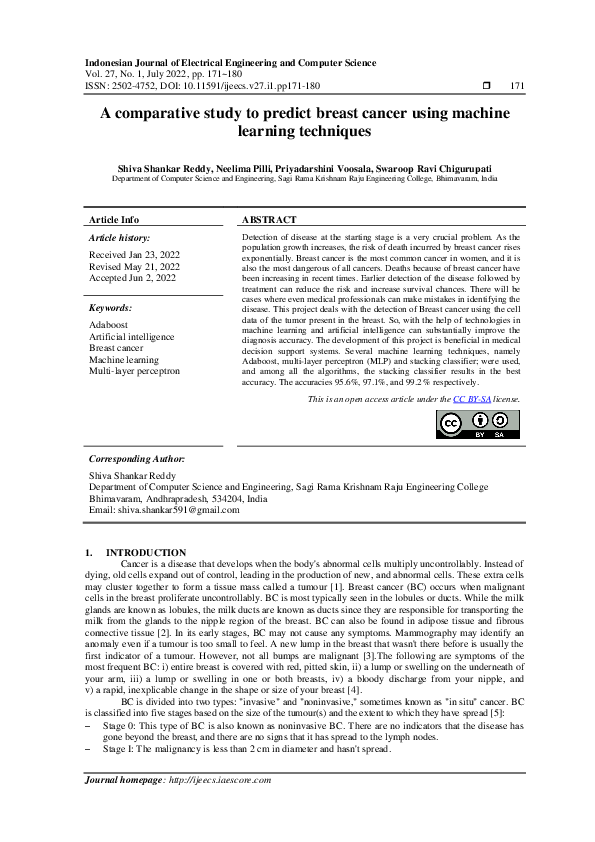 (PDF) A comparative study to predict breast cancer using machine learning techniques