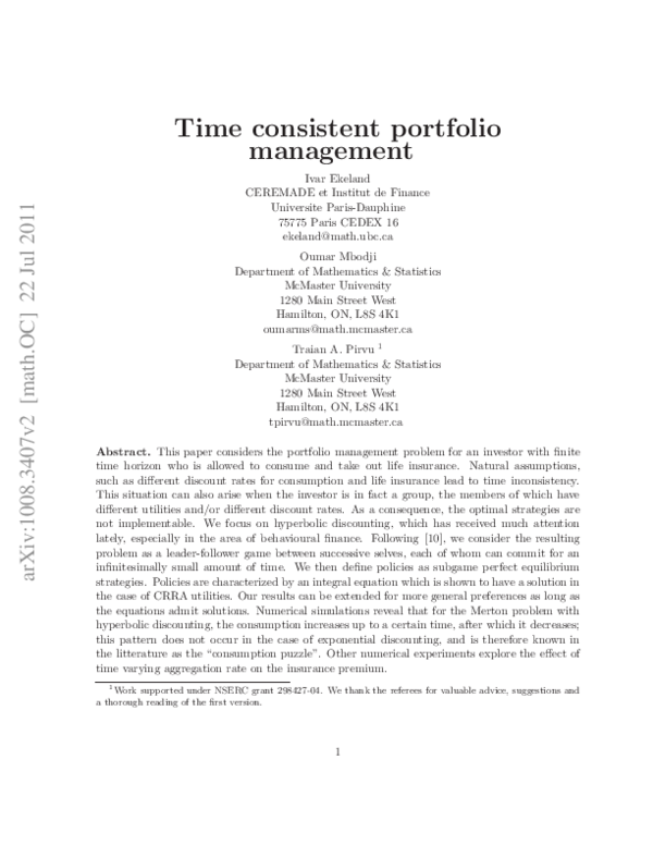(PDF) Time-Consistent Portfolio Management | Traian Pirvu - Academia.edu