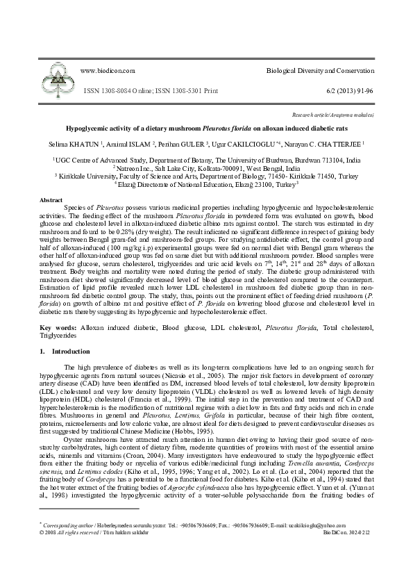 (PDF) Hypoglycemic activity of a dietary mushroom Pleurotus florida ...