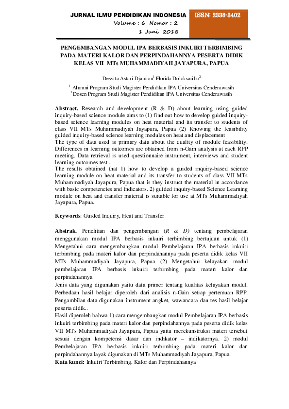 (PDF) PENGEMBANGAN MODUL IPA BERBASIS INKUIRI TERBIMBING PADA MATERI KALOR DAN PERPINDAHANNYA ...