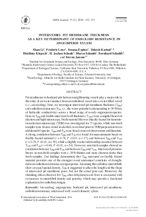 (PDF) Intervessel Pit Membrane Thickness as a Key Determinant of ...