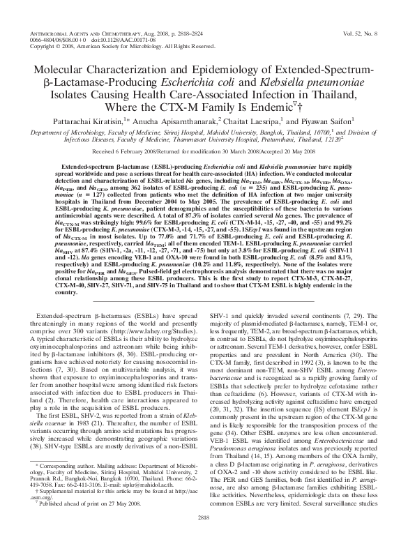 (PDF) Molecular Characterization and Epidemiology of Extended-Spectrum- β-Lactamase-Producing ...