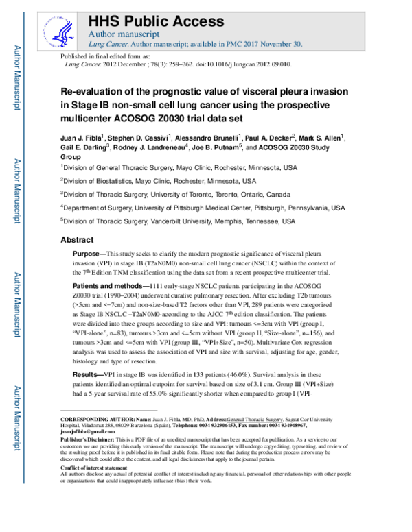 (PDF) Re-evaluation of the prognostic value of visceral pleura invasion ...