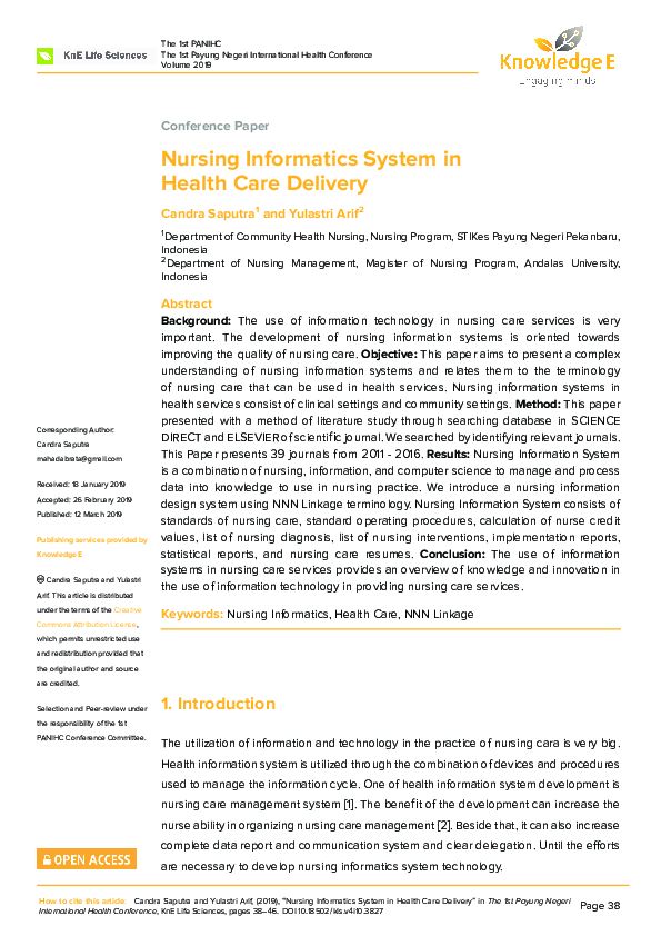 (PDF) Nursing Informatics System in Health Care Delivery | Yulastri ...