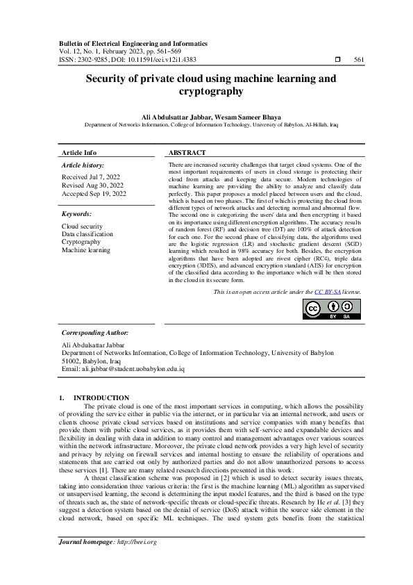 Pdf Security Of Private Cloud Using Machine Learning And Cryptography 