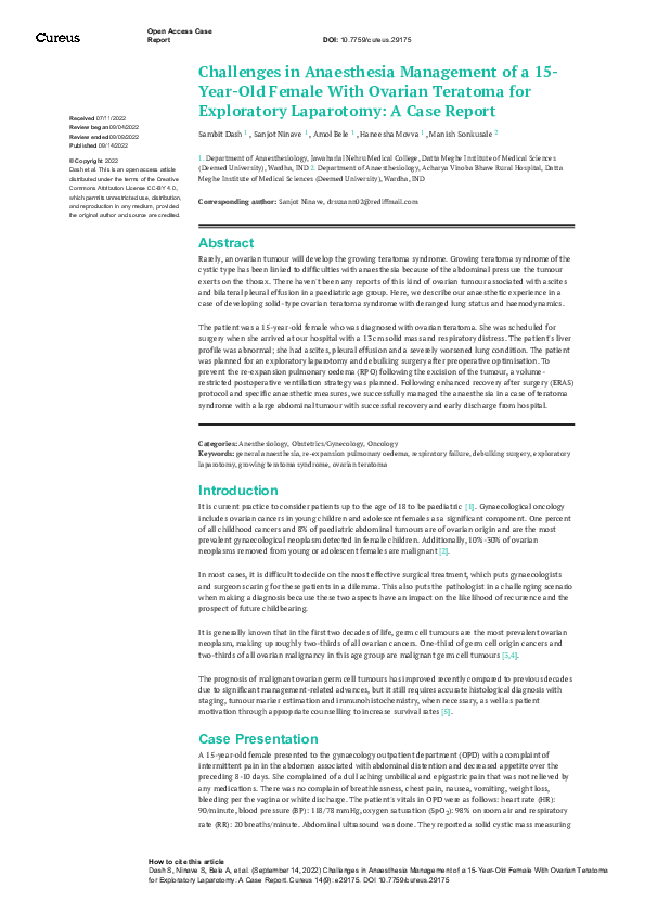 (PDF) Challenges in Anaesthesia Management of a 15-Year-Old Female With ...