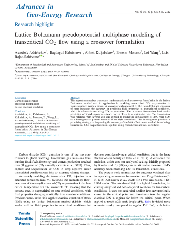 (PDF) Lattice Boltzmann pseudopotential multiphase modeling of transcritical CO2 flow using a ...