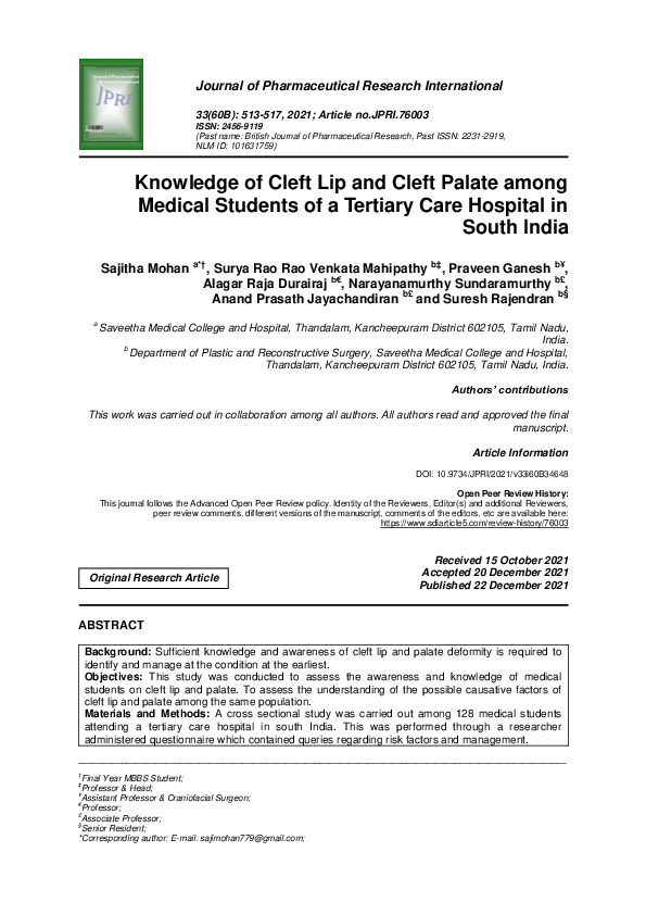 (PDF) Knowledge of Cleft Lip and Cleft Palate among Medical Students of a Tertiary Care Hospital ...