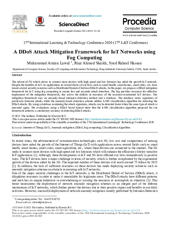 Pdf A Ddos Attack Mitigation Framework For Iot Networks Using Fog