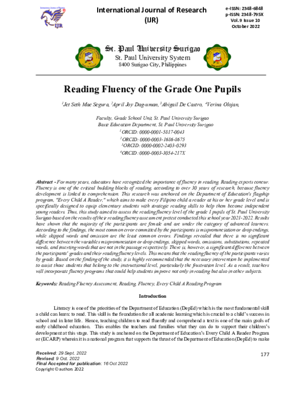 (PDF) Reading Fluency of the Grade One Pupils