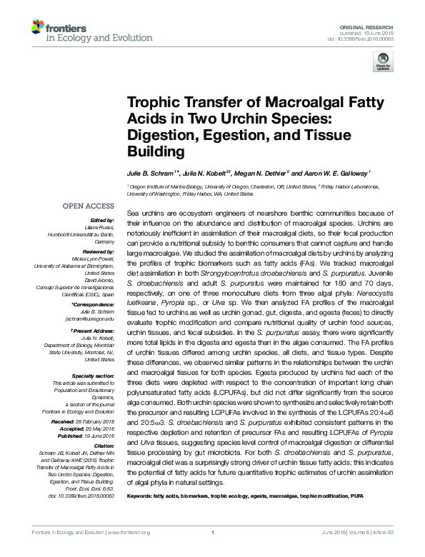 (PDF) Trophic Transfer of Macroalgal Fatty Acids in Two Urchin Species ...
