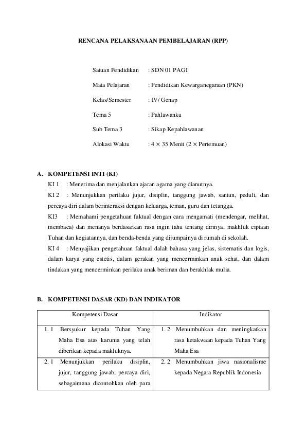 (PDF) RENCANA PELAKSANAAN PEMBELAJARAN (RPP) K13 PKN 1V/GENAP