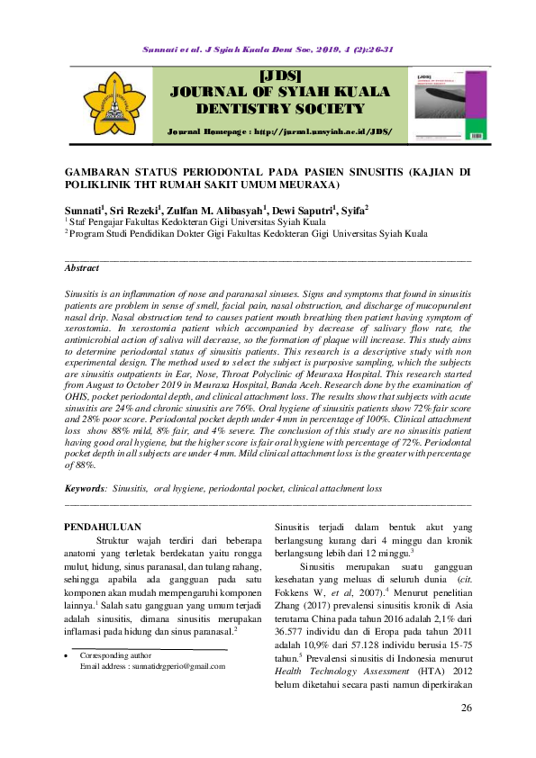 (PDF) Gambaran Status Periodontal Pada Pasien Sinusitis (Kajian DI Poliklinik THT Rumah Sakit ...