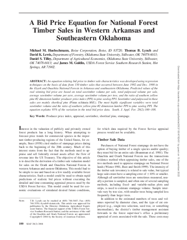 (PDF) A Bid Price Equation for National Forest Timber Sales in Western ...