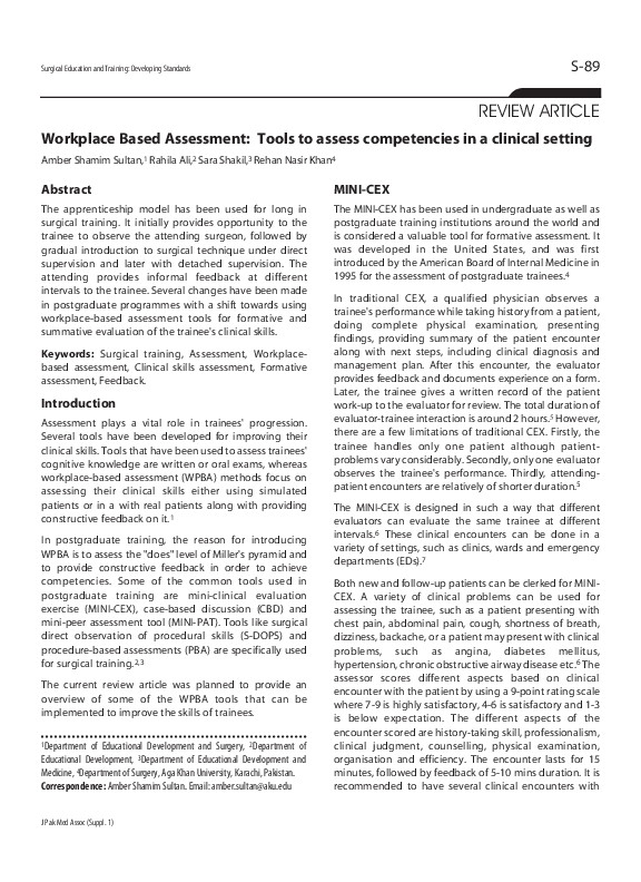 (PDF) Workplace Based Assessment: Tools to assess competencies in a clinical setting