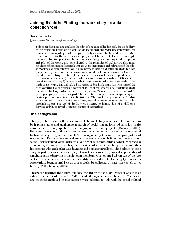(PDF) Joining the dots : piloting the work diary as a data collection tool for educational ...