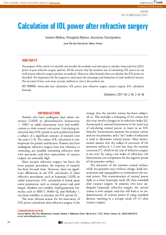 (PDF) Calculation of IOL power after refractive surgery