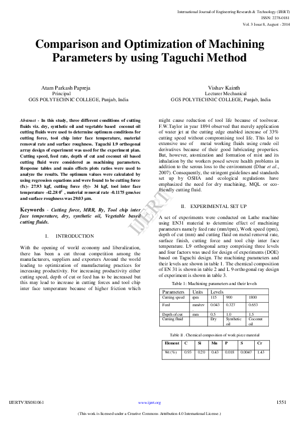 Pdf Comparison And Optimization Of Machining Parameters By Using Taguchi Method