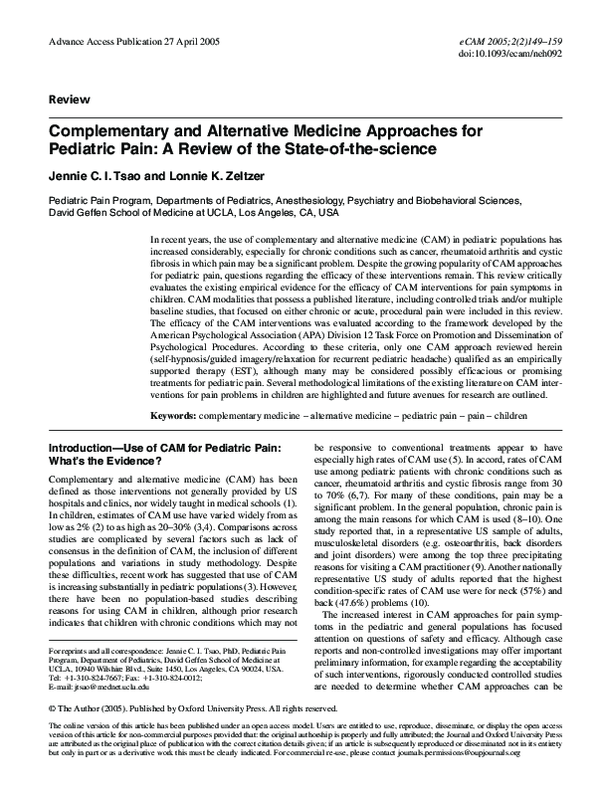 (PDF) Complementary and Alternative Medicine Approaches for Pediatric Pain: A Review of the ...