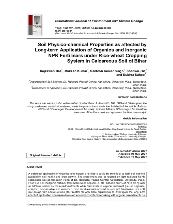 (PDF) Soil Physico-chemical Properties as affected by Long-term Application of Organics and ...