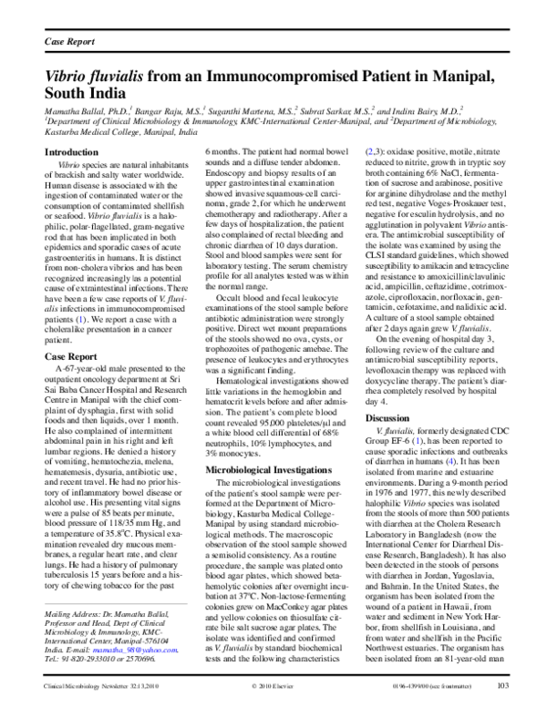 (PDF) Vibrio fluvialis from an Immunocompromised Patient in Manipal ...