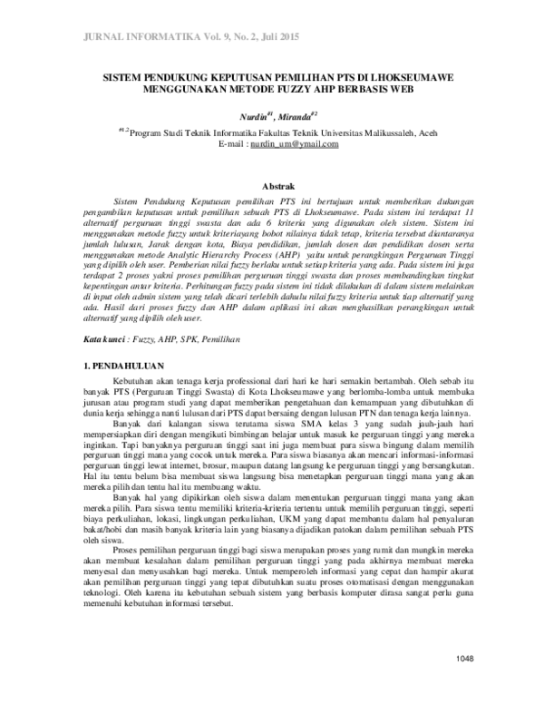 (PDF) Sistem Pendukung Keputusan Pemilihan PTS DI Lhokseumawe Menggunakan Metode Fuzzy Ahp ...