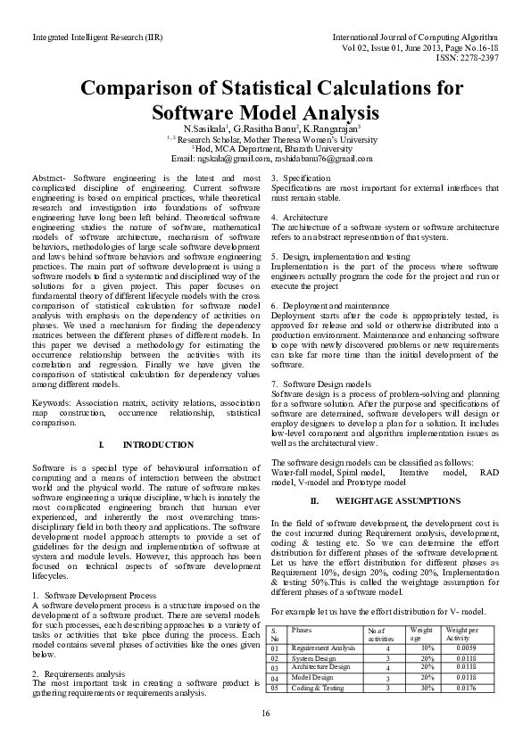 Doc Comparison Of Statistical Calculations For Software Model Analysis