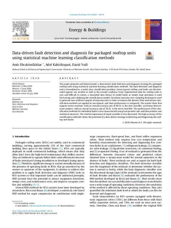 Data Driven Fault Detection And Diagnosis For Packaged Rooftop Units