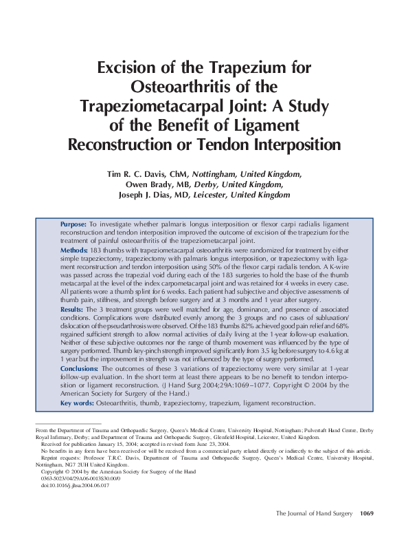 (PDF) Excision of the trapezium for osteoarthritis of the ...