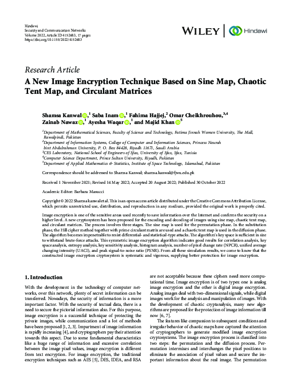 Pdf A New Image Encryption Technique Based On Sine Map Chaotic Tent Map And Circulant 