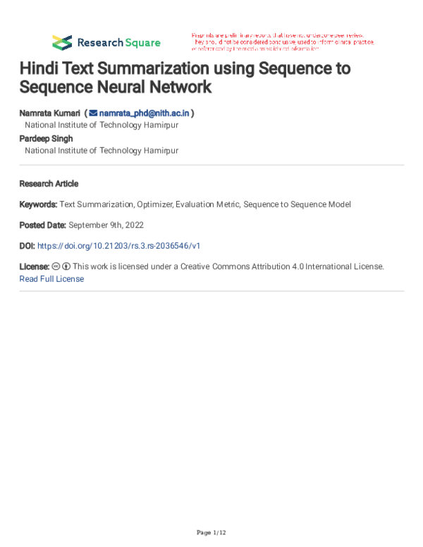 Pdf Hindi Text Summarization Using Sequence To Sequence Neural Network