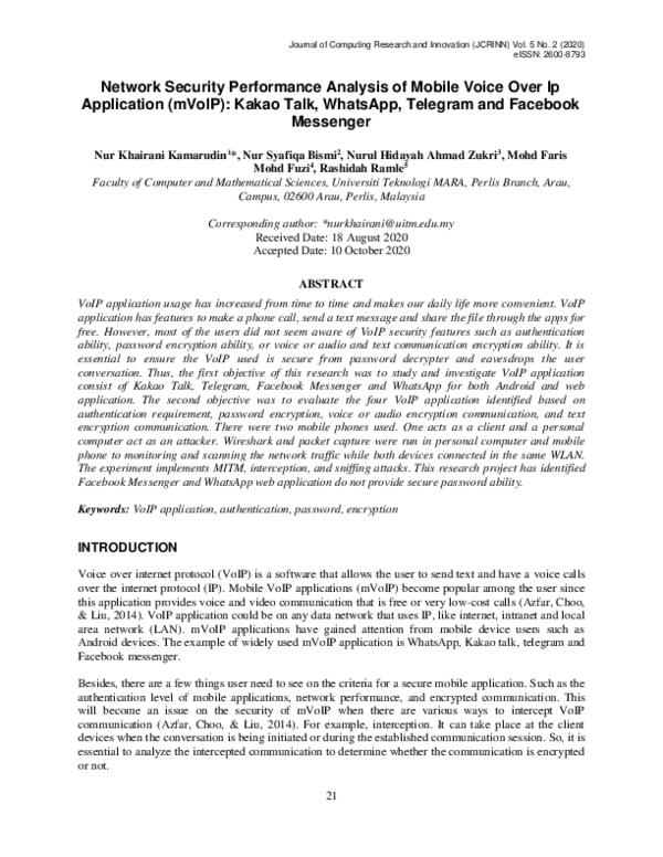 (PDF) Network security performance analysis of Mobile Voice Over Ip Application (mVoIP): Kakao ...