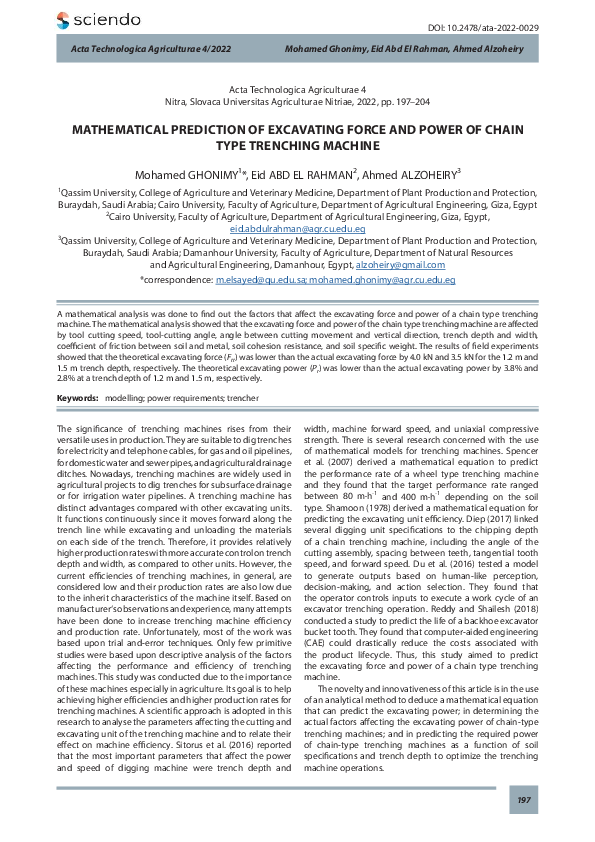 (PDF) Mathematical Prediction of Excavating Force and Power of Chain ...